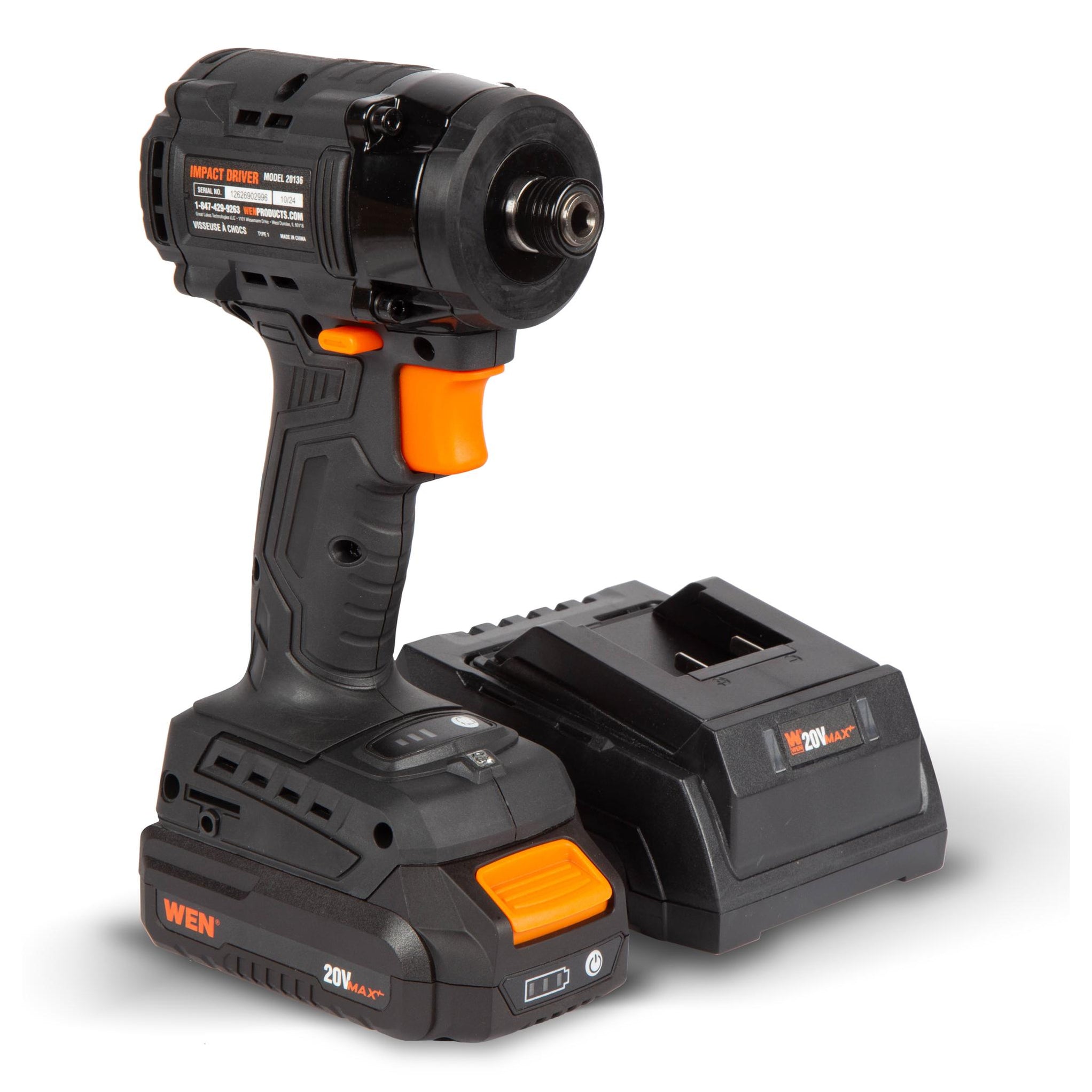 WEN 20136 20V MAX Lithium-Ion 1/4-Inch Brushless Cordless Compact Impa ...
