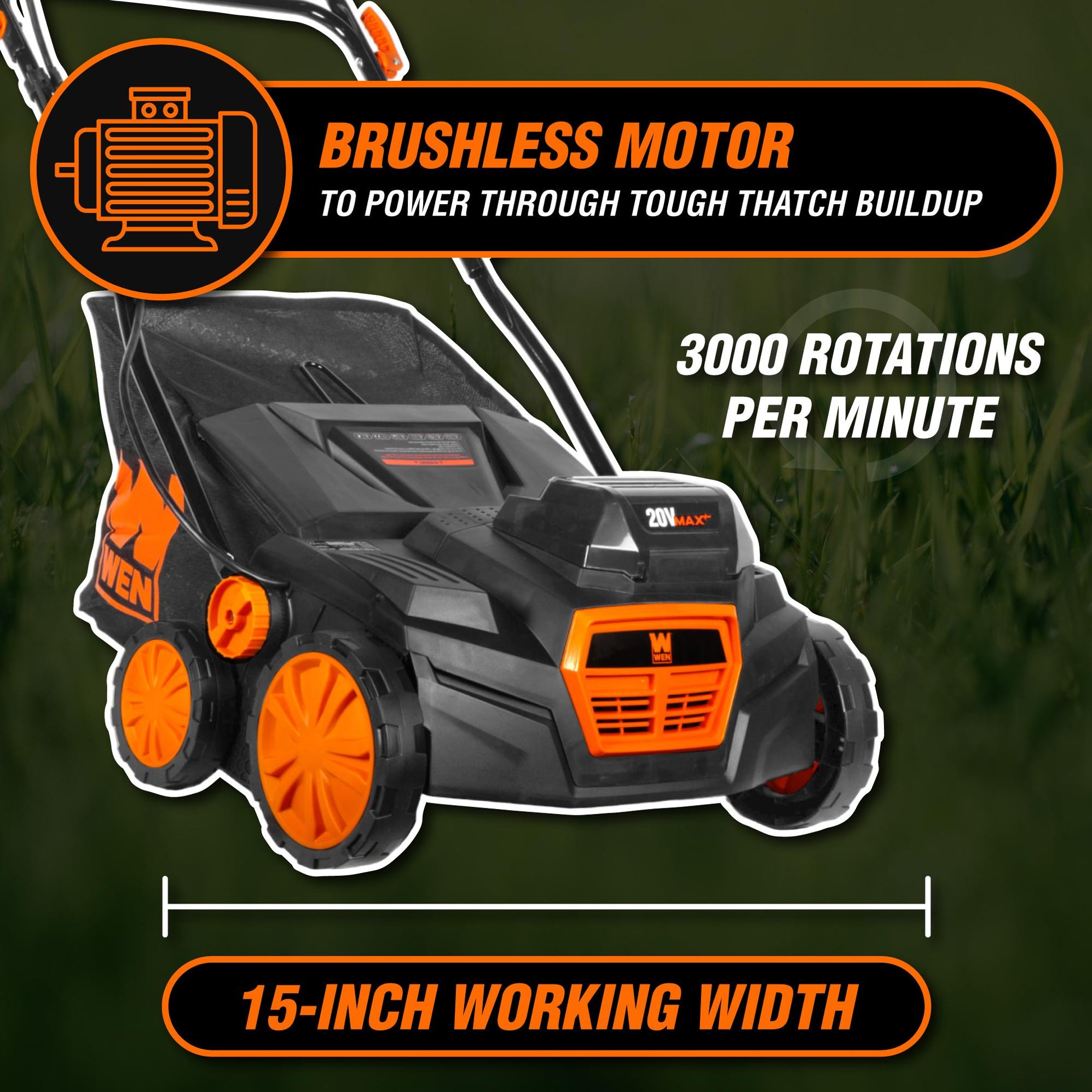 WEN 20716 20V Max Cordless 15-Inch 2-in-1 Brushless Electric Dethatche ...