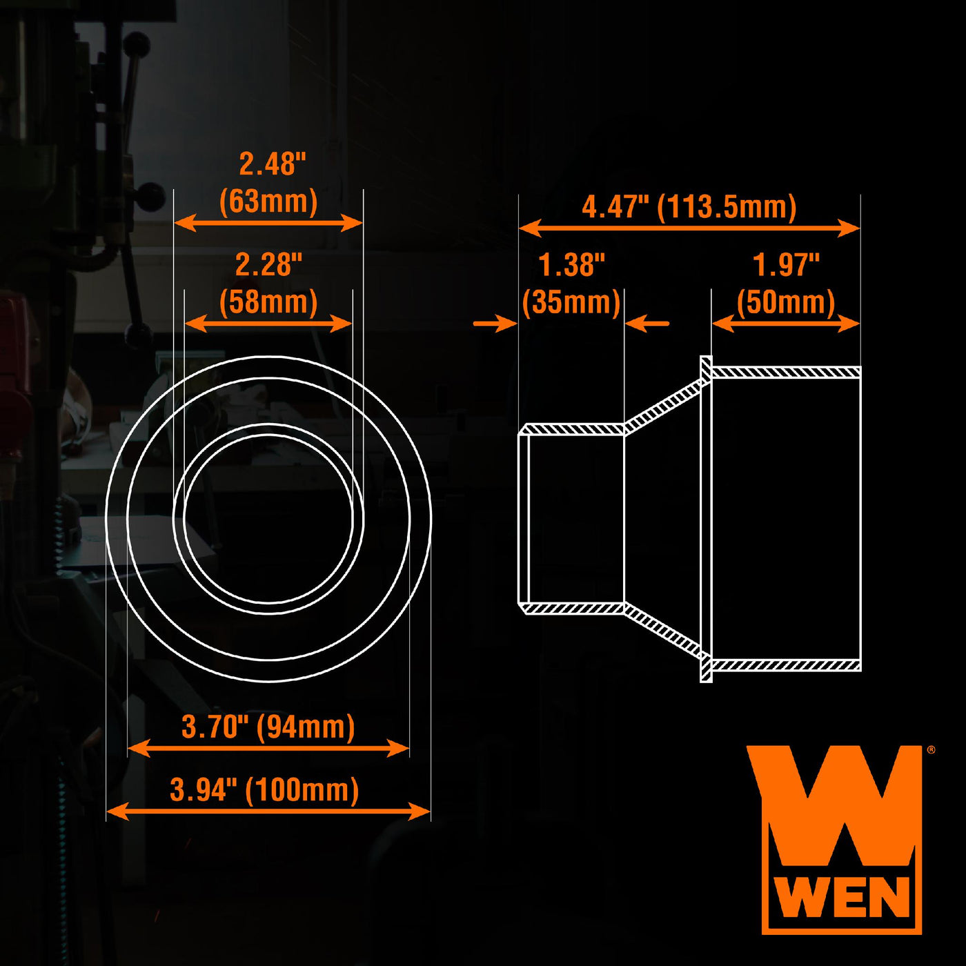 WEN DCA001 4-Inch to 2-1/2-Inch Cone Reducer Attachment for Dust Hoses ...